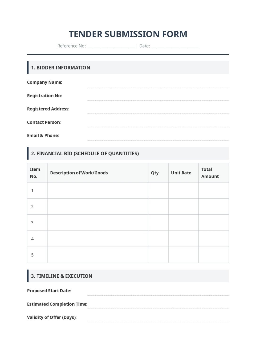 Blank Tender Form PDF Free Download - PDFSeva®